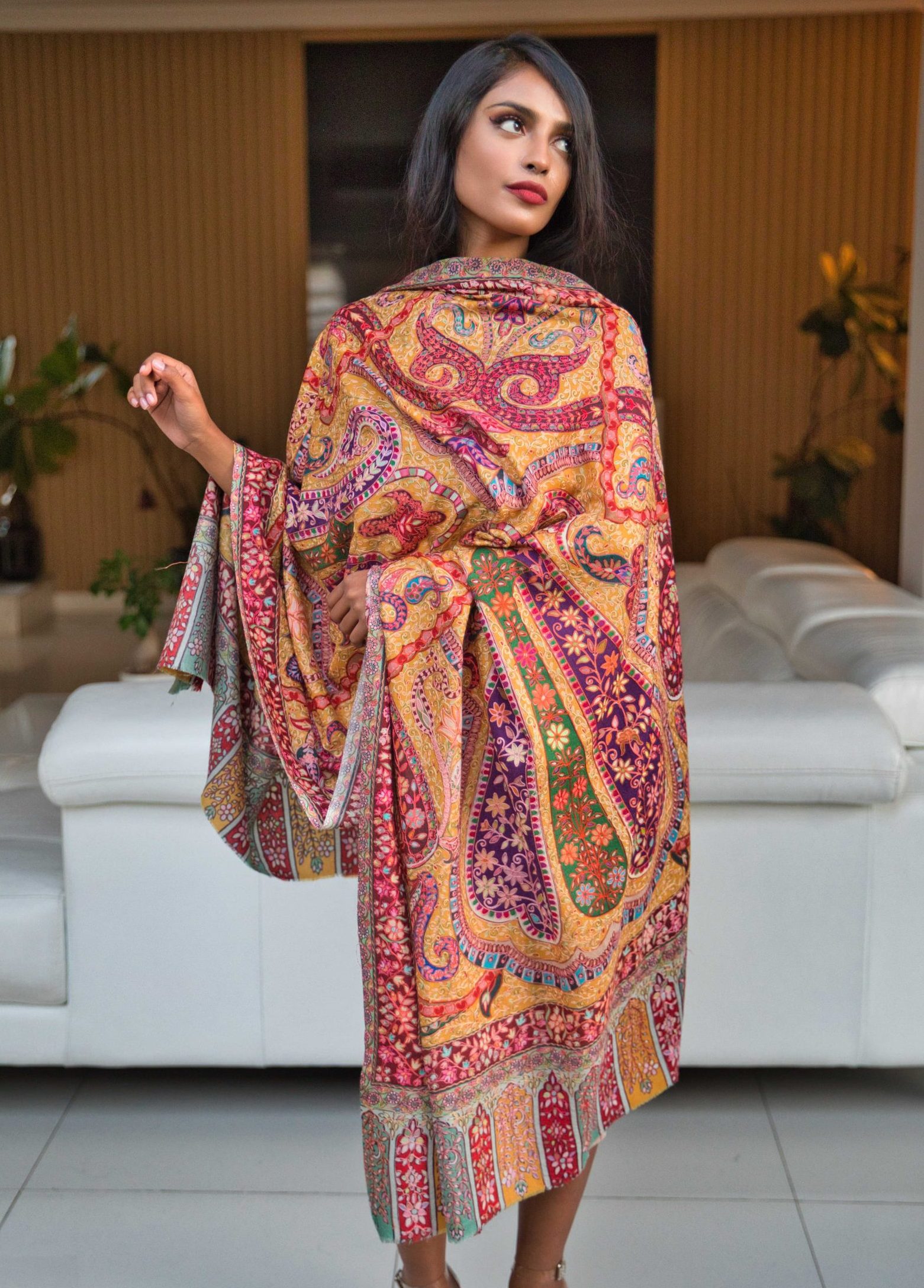 Kalamkari Cashmere-Silk Shawl – Red Diamond Luxury