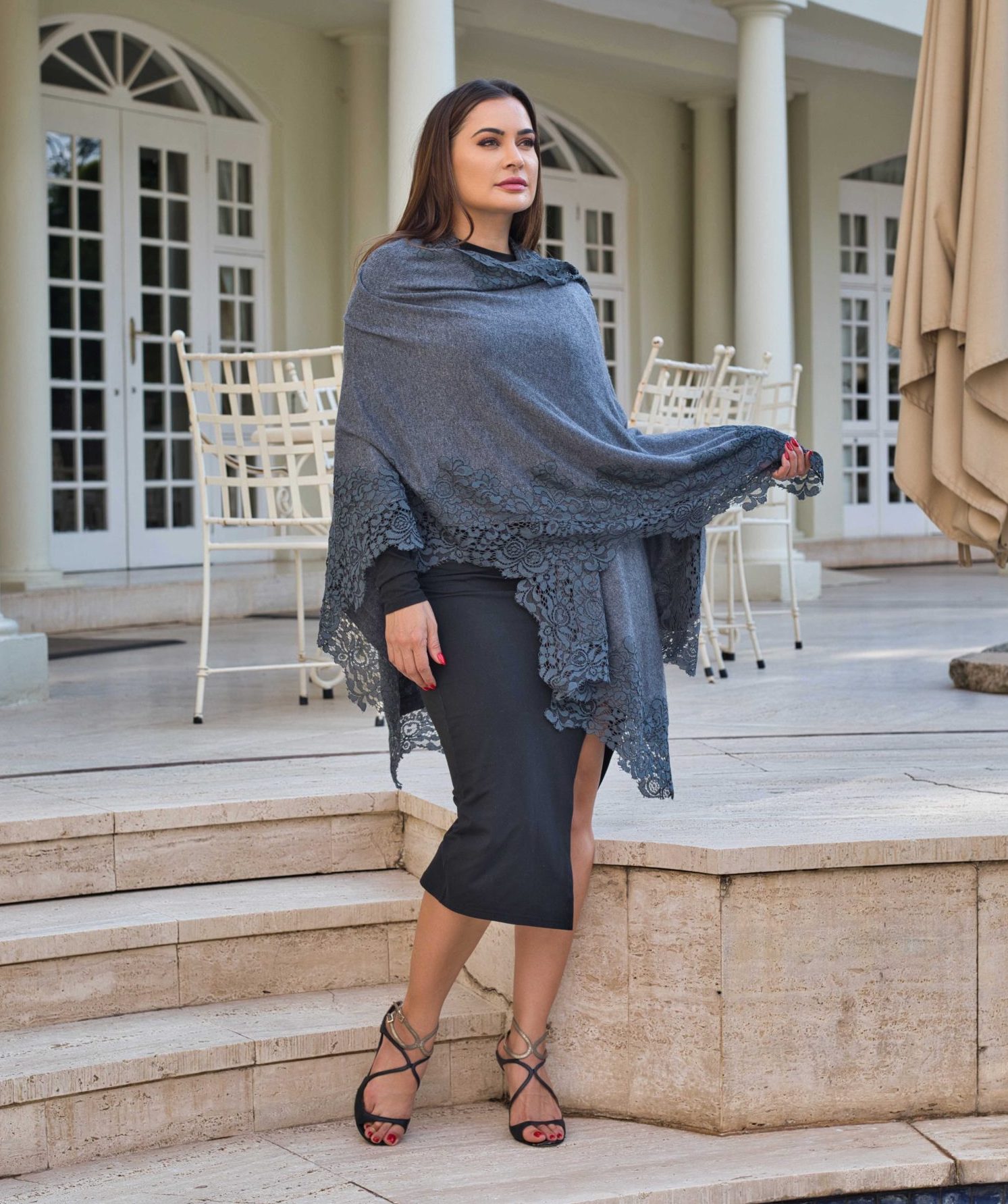 Cashmere Knit Cape / Wrap with Lace Trim – Red Diamond Luxury
